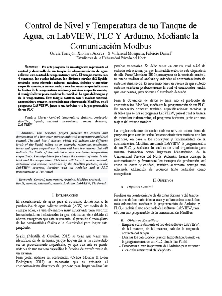 Control de Nivel y Temperatura de Un Tanque de Agua, en LabVIEW, PLC Y ...