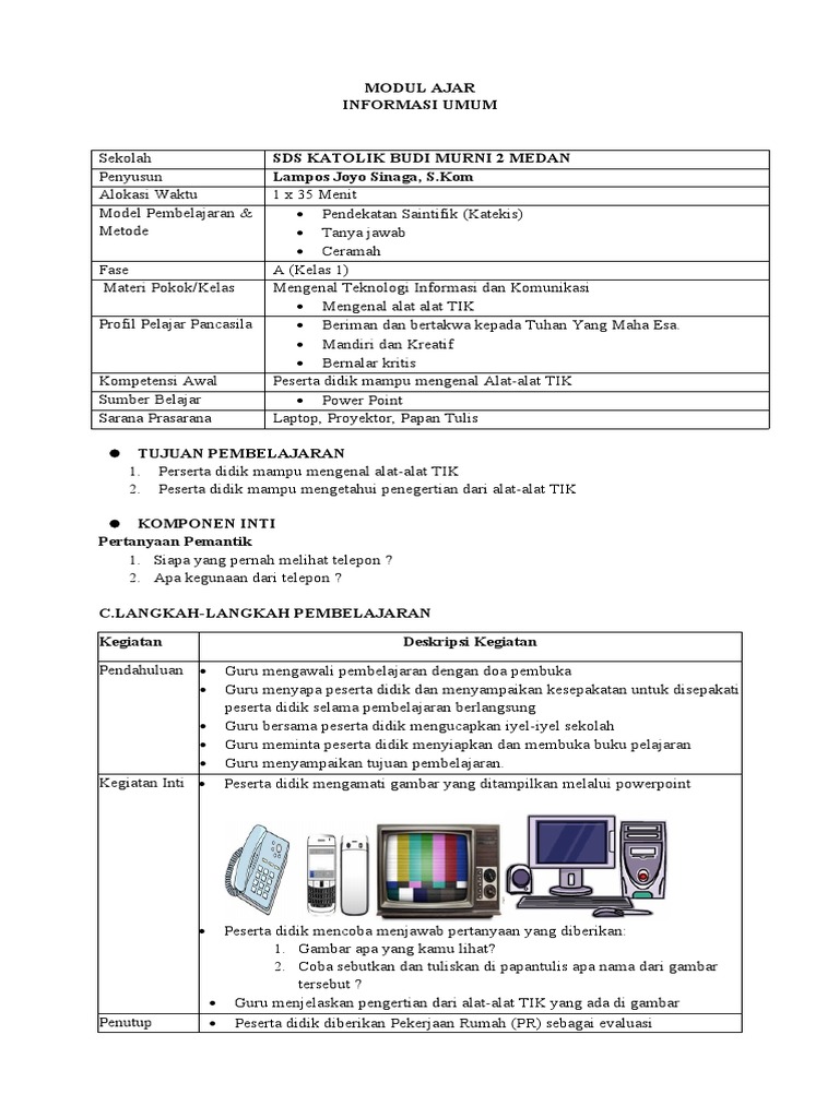 Modul Ajar TIK Kelas 1 SDS Budi Murni | PDF