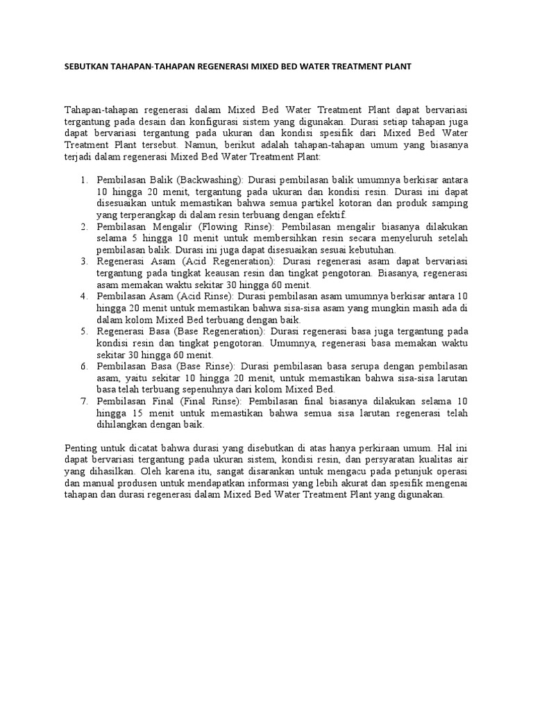 Tahapan Regenerasi Mixed Bed Plant | PDF | Teknologi & Rekayasa