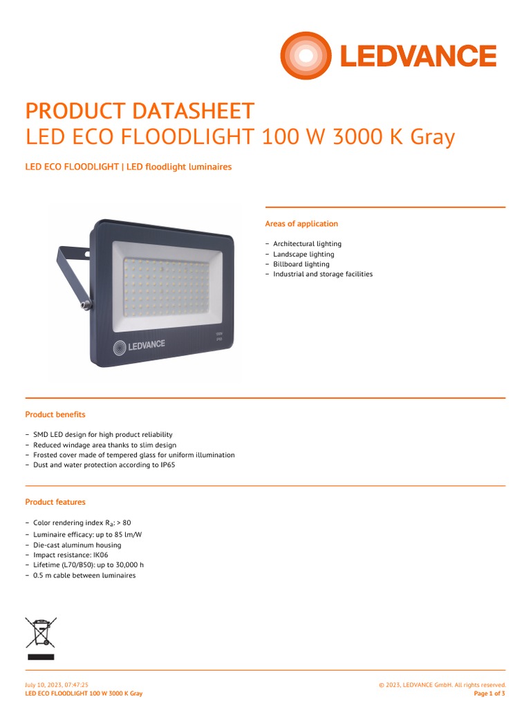 LED ECO FLOODLIGHT 100 W 3000 K Gray en | PDF | Lighting | Electrical ...