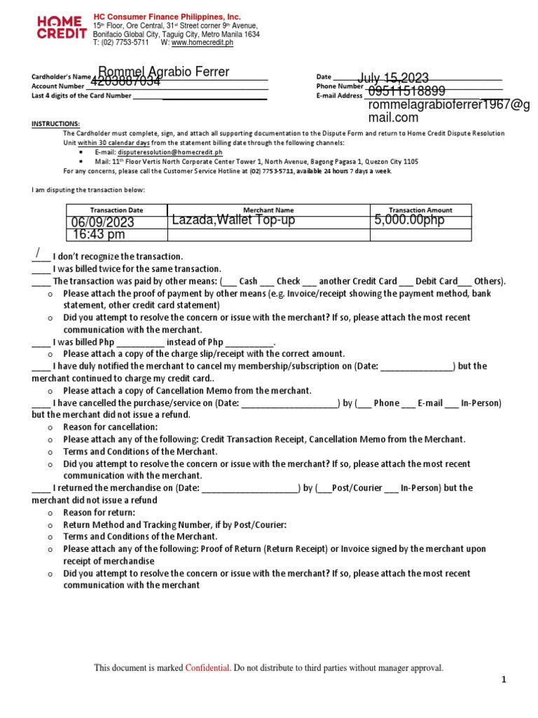 Home Credit Dispute Resolution Form | PDF | Credit Card | Receipt