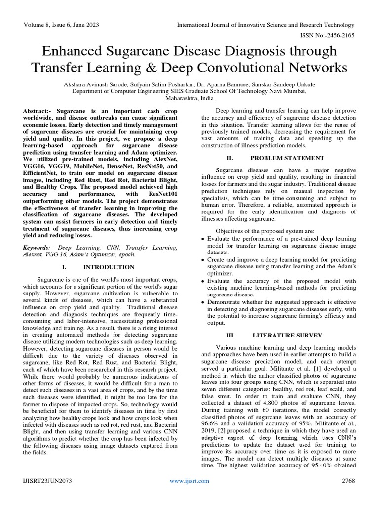 Enhanced Sugarcane Disease Diagnosis Through Transfer Learning & Deep Convolutional Networks ...
