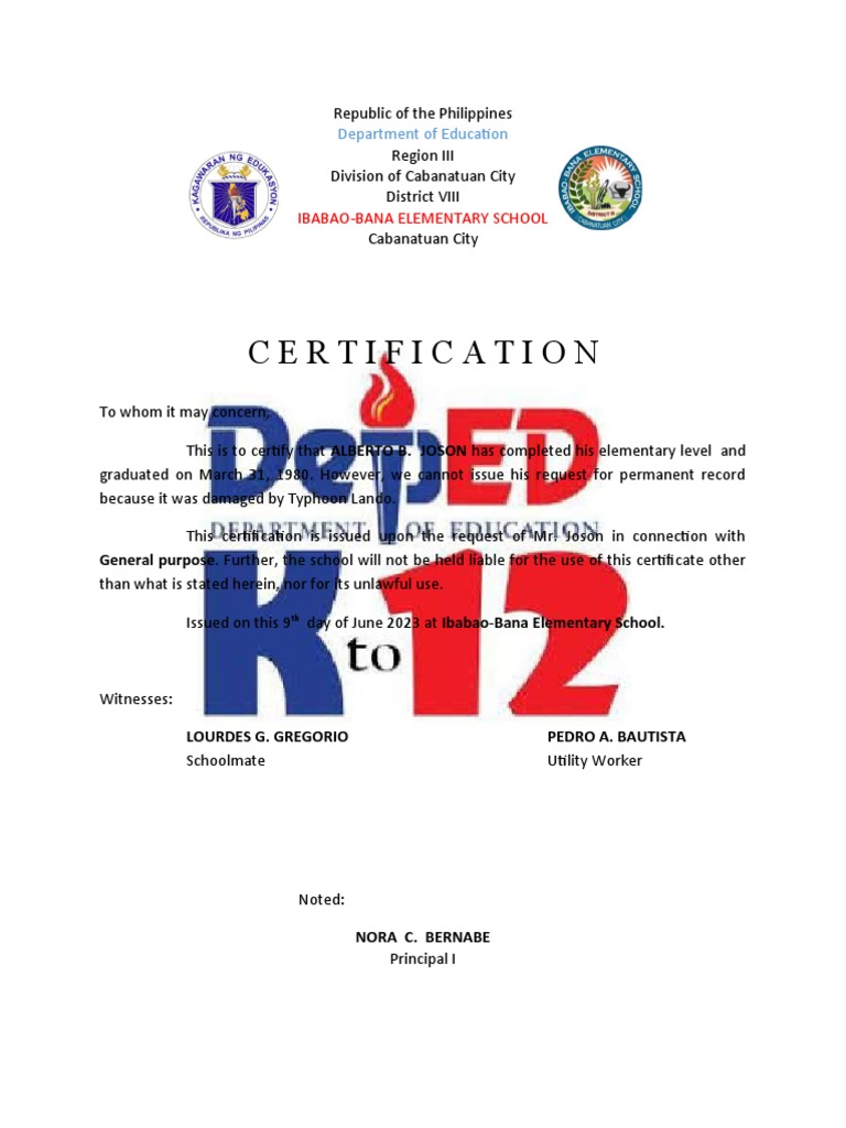 Certification For Form 137 | PDF