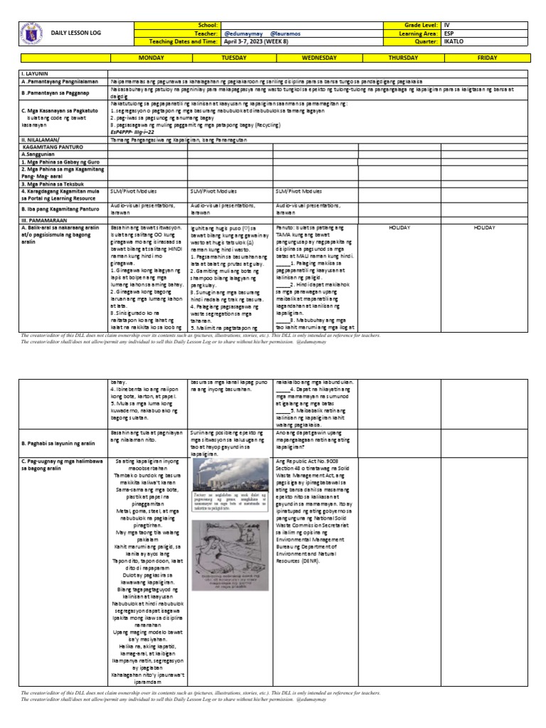 DLL ESP-4 Q3 W8 NakatutulongsaPagpapanatilingKalinisanedumaymaylauramos | PDF