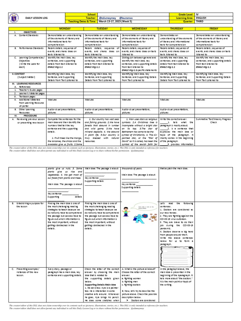 Grade 4 English Lesson Plan | PDF | Learning | Paragraph