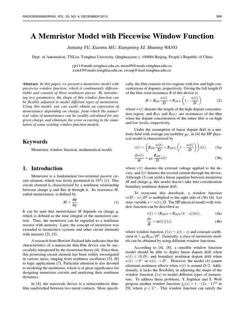 A Memristor Model With Peicewise Window Function | PDF | Mathematical Objects | Electrical ...