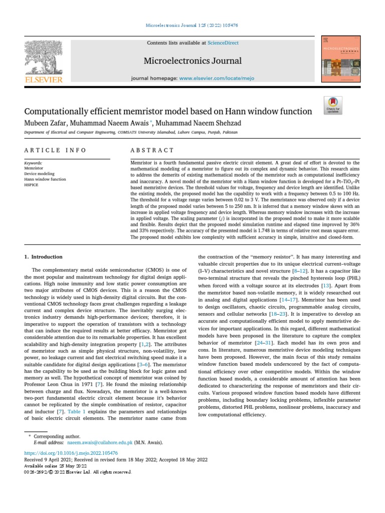 Computationally Efficient Memristor Model With Hann Window Function | PDF | Cmos | Electronic ...
