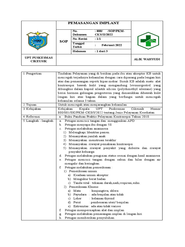SOP Pemasangan Implan KB | PDF