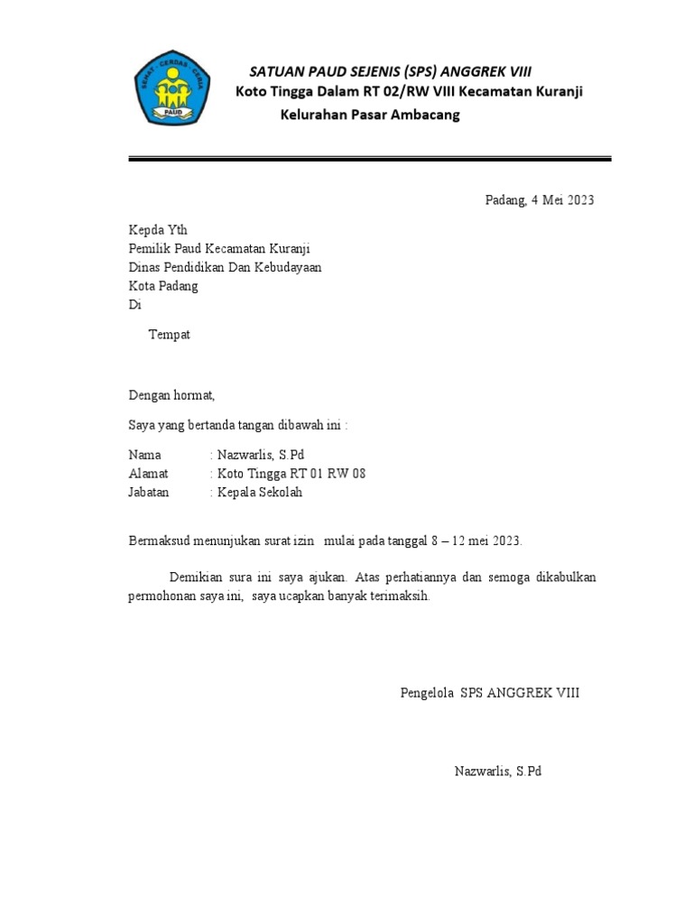 Surat Izin Kepala SPS Anggrek VIII | PDF