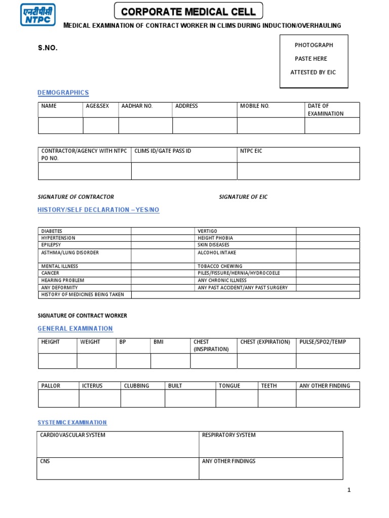 Medical Check Up Format For Contract Workers | PDF | Physical ...