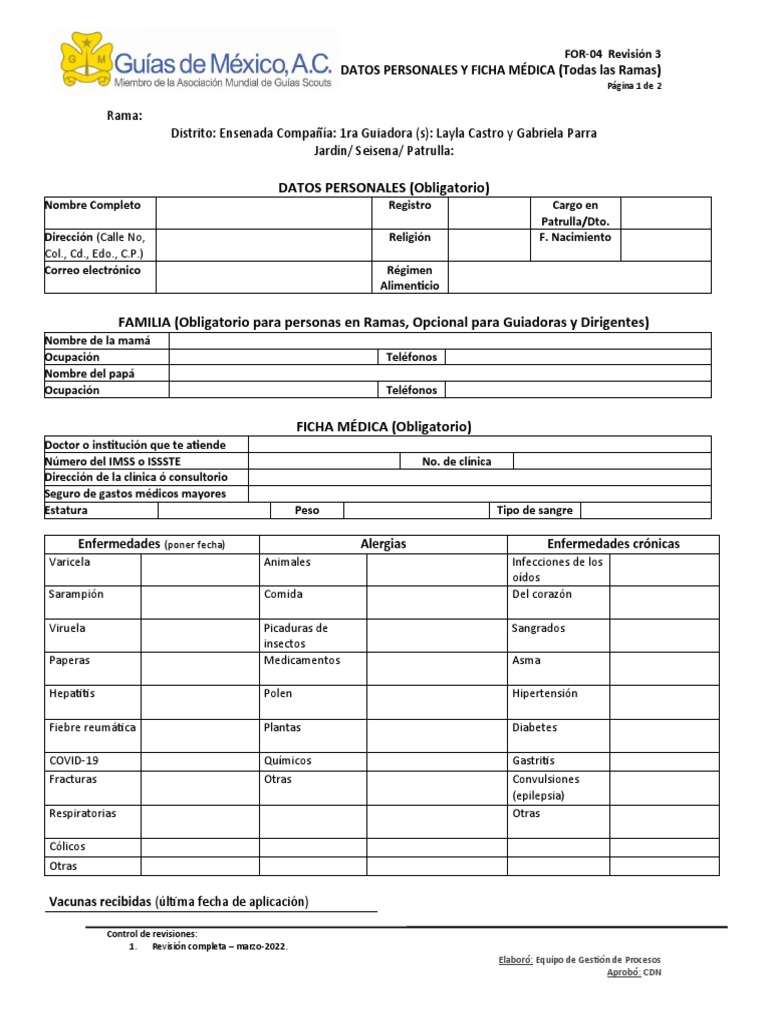 For-04 Datos Personales y Ficha Médica Todas Las Ramas Rev 3 | PDF | Vacunas | Cuidado de la salud