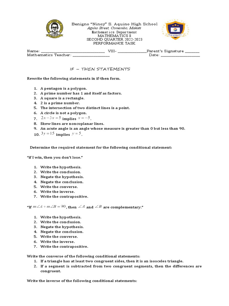 Second Quarter Performance Task If Then Statements | PDF | Triangle ...