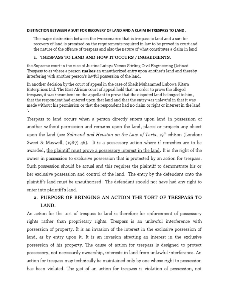 Distinction Between A Suit For Recovery of Land and A Claim in Trespass ...