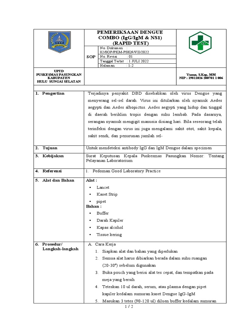 Sop Pemeriksaan Ns1 (DBD) | PDF
