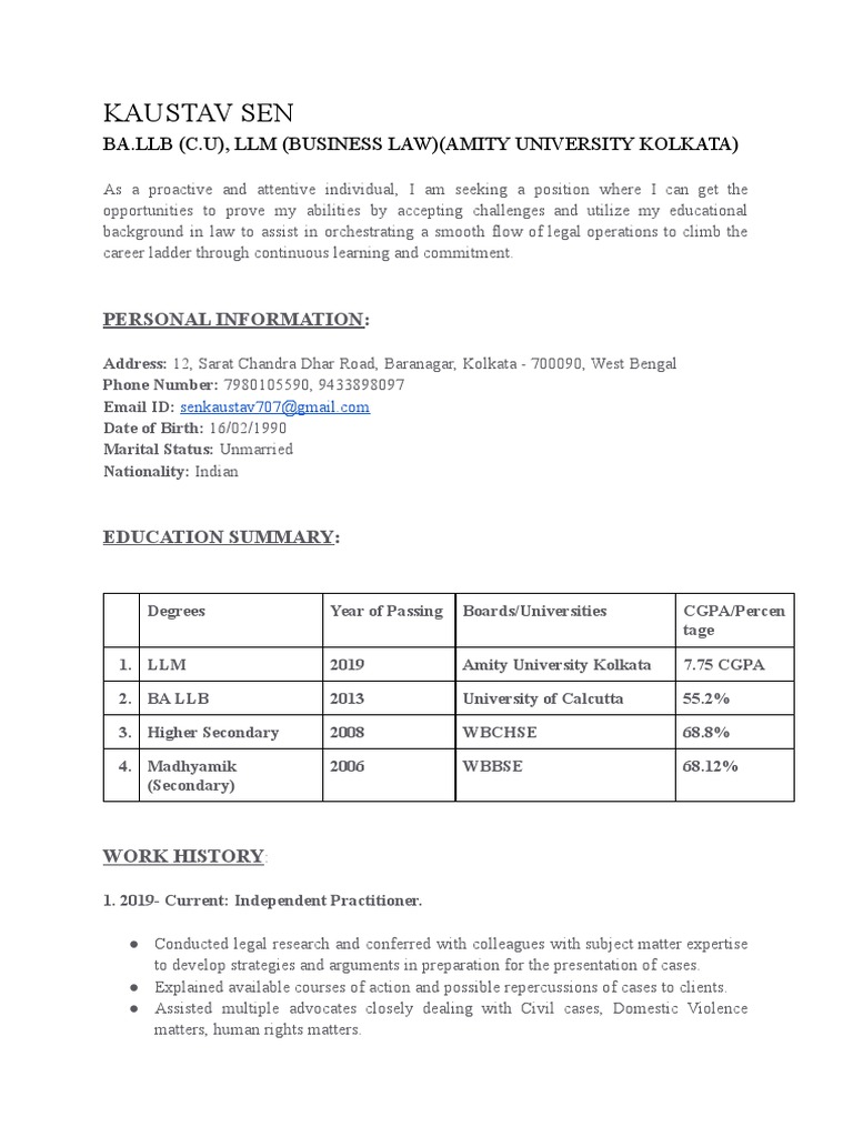 Kaustav Sen Legal Resume | PDF | Advocate | Kolkata