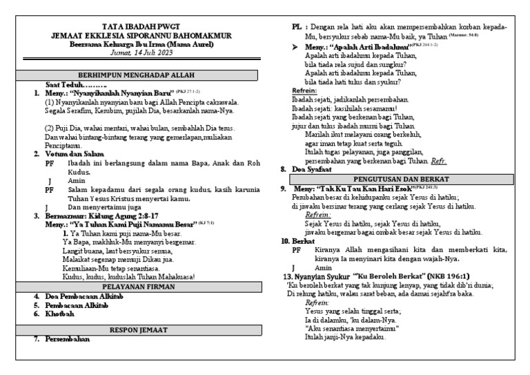 Tata Ibadah PWGT 14 Juli 2023 | PDF