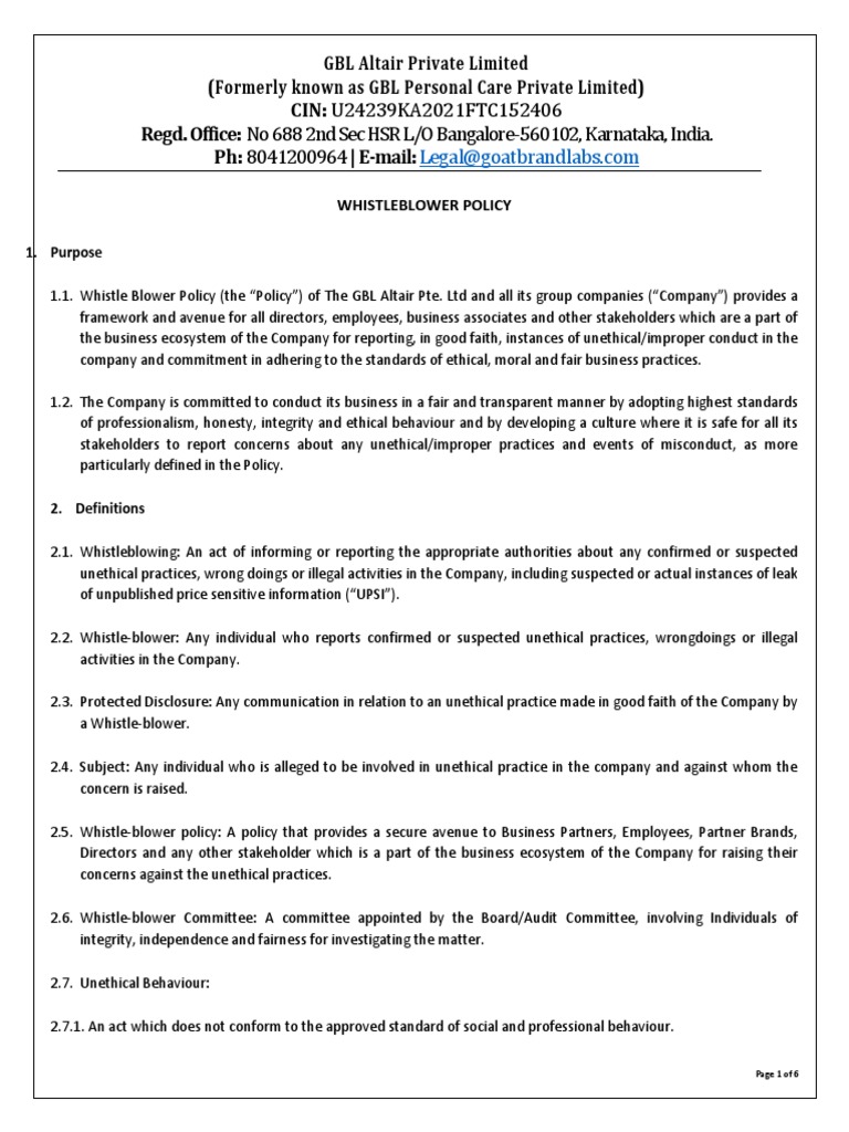 GBL Altair - Whistleblower Policy | PDF | Whistleblower | Justice