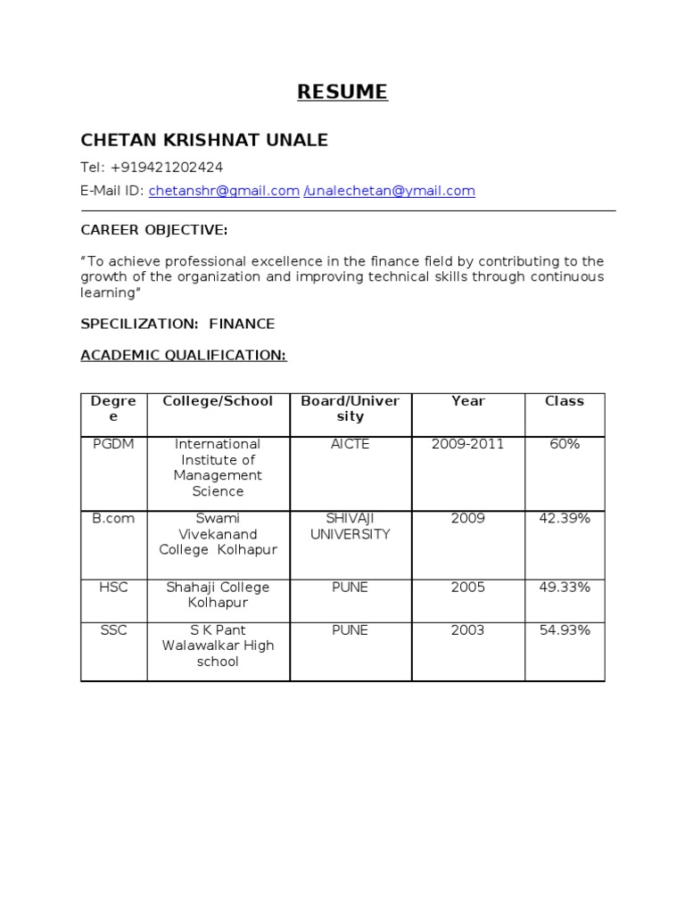 Resume: Chetan Krishnat Unale | PDF | Career & Growth