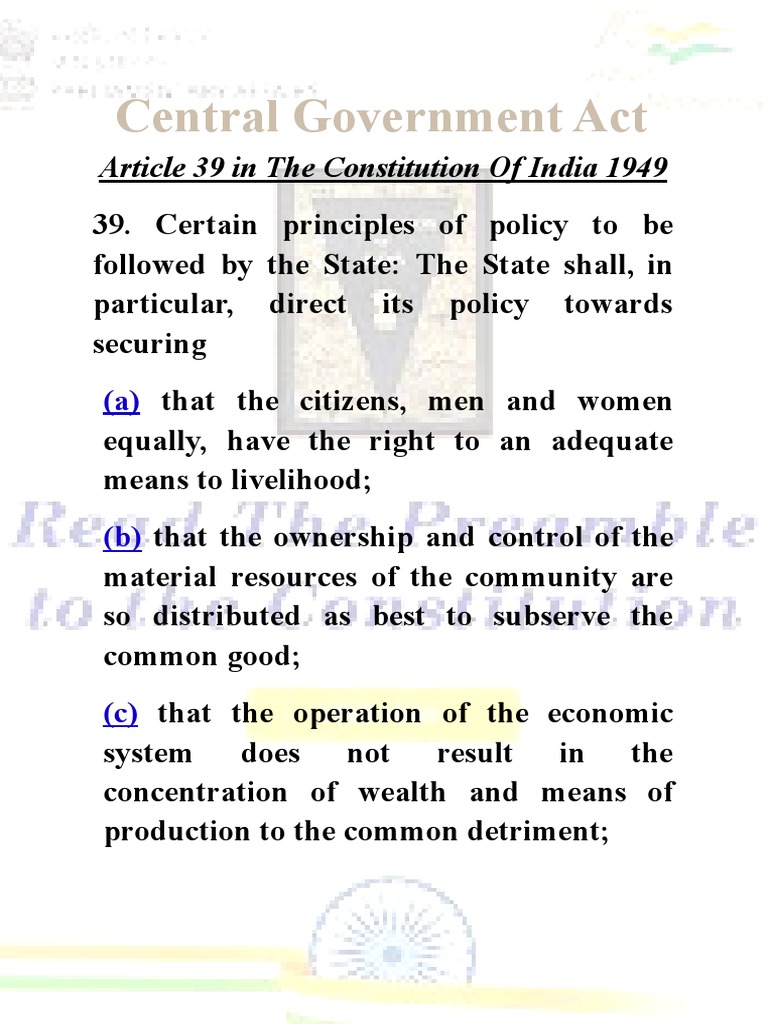 Central Government Act: Article 39 in The Constitution of India 1949 | PDF