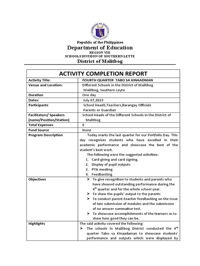 Fourth Quarter Tabo sa Kinaadman Report | PDF | Teachers | Communication