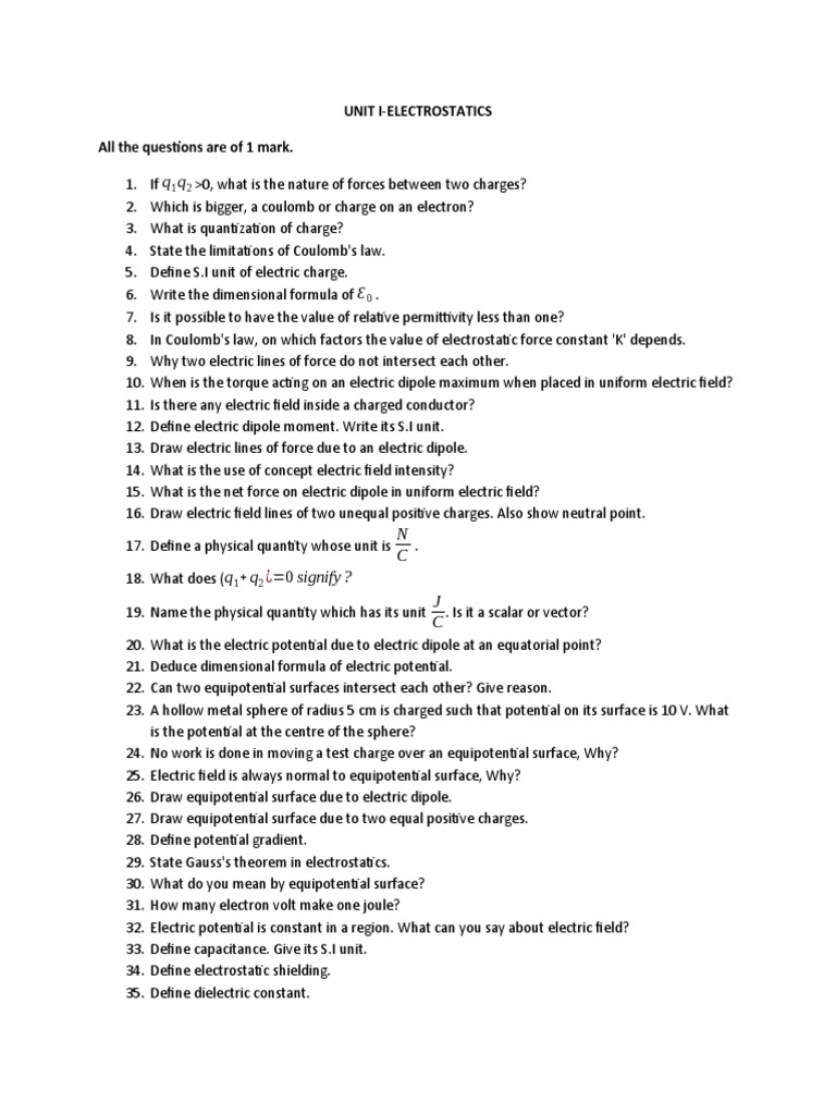 Electrostatics: Key Concepts & Questions | PDF | Capacitance | Electric Field