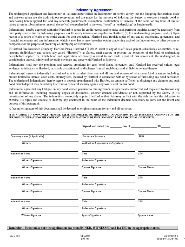 IA Hartford Indemnity Agreement | PDF | Indemnity | Insurance