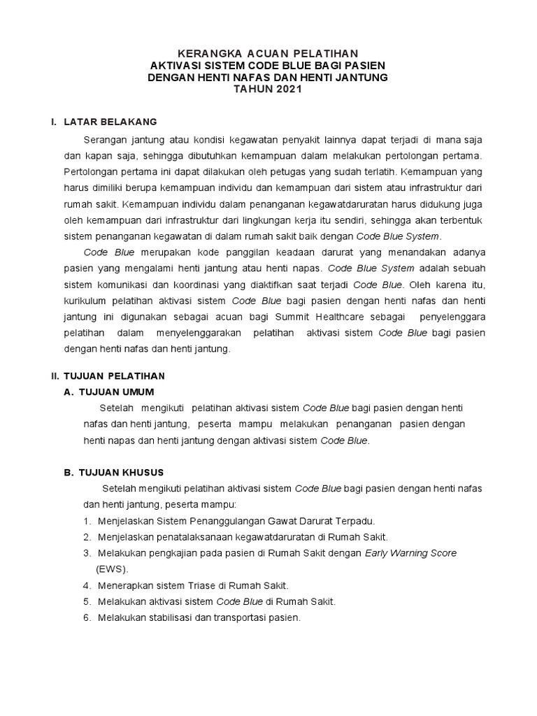 KAK Pelatihan Code Blue 2021 - Revisi | PDF