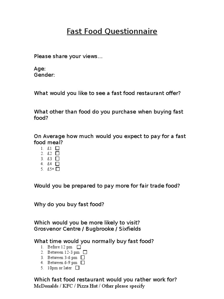 Fast Food Questionnaire | PDF