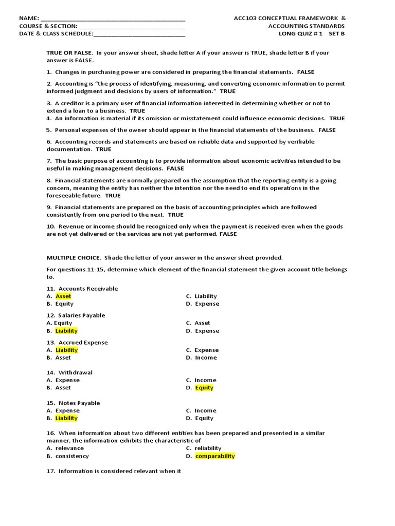 ACC 103 P1 Long Quiz Set B Answer Key | PDF | Debits And Credits | Business