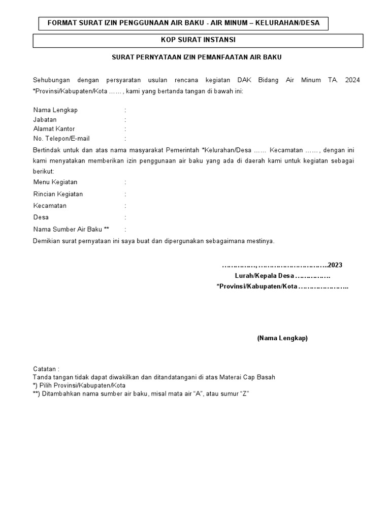 Format Izin Penggunaan Air Baku - Air Minum (Kelurahan Atau Desa) | PDF