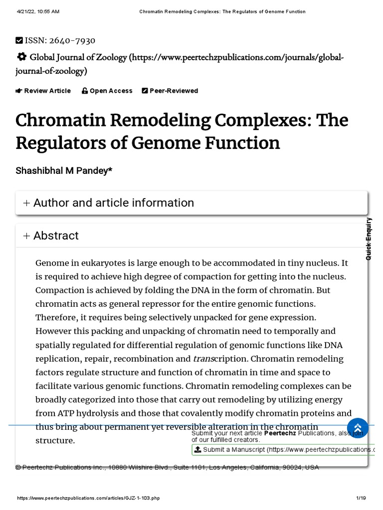 Chromatin Remodeling Complexes - The Regulators of Genome Function | PDF | Chromatin | Histone
