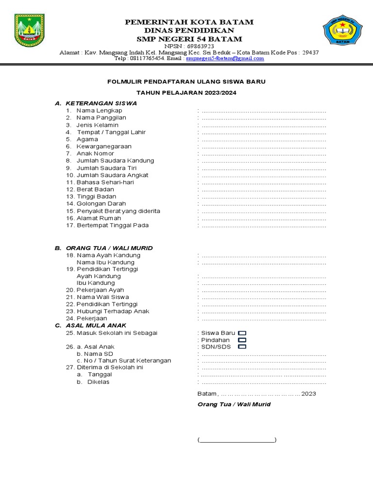 Formulir Daftar Ulang PPDB 2023 | PDF