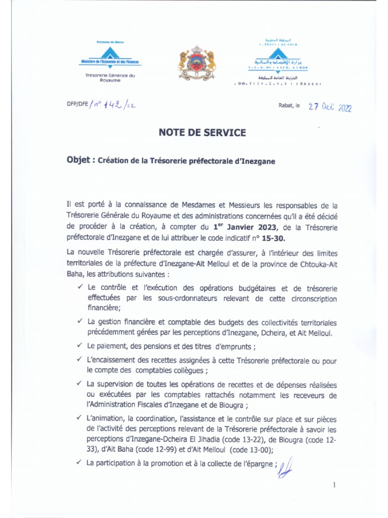 Note de Service N°142 - 2022 Du 27-12-2022 Relative À La Création de La ...