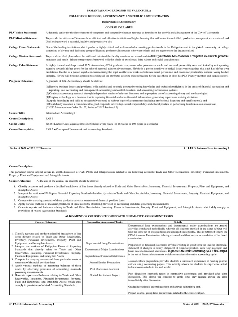 FAR 3 Intermediate Accounting I Syllabus | PDF | Financial Statement ...
