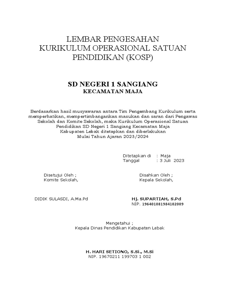 Contoh - LEMBAR PENGESAHAN Kurikulum 2023 - 2024 | PDF