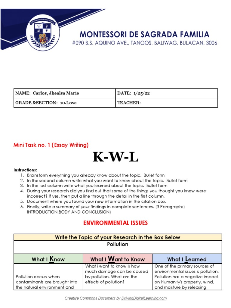 Mini Task No. 1 (Essay Writing) | PDF | Air Pollution | Pollution
