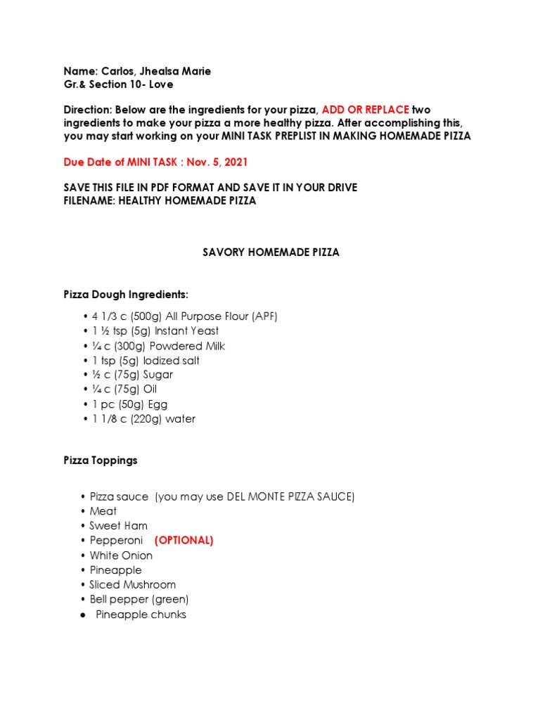 Mini Task Preplist in Making Homemade Pizza | PDF | Pizza | Dough
