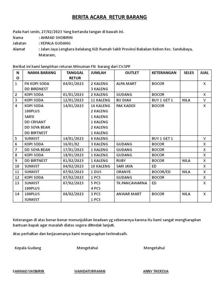 Berita Acara Retur | PDF
