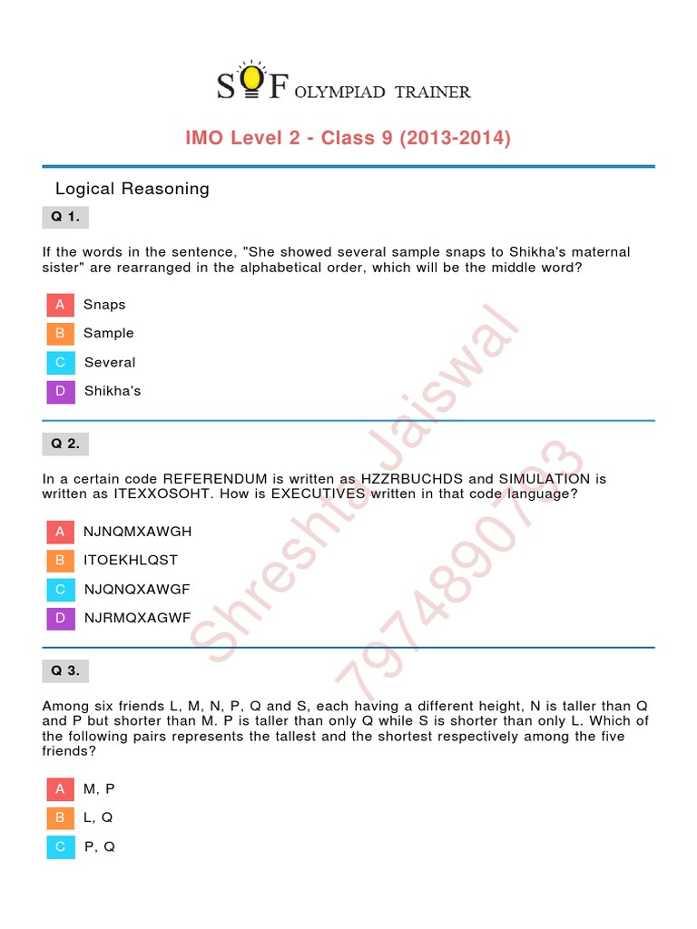 IMO Class 9 Level 2 Question Paper | PDF | Area | Circle