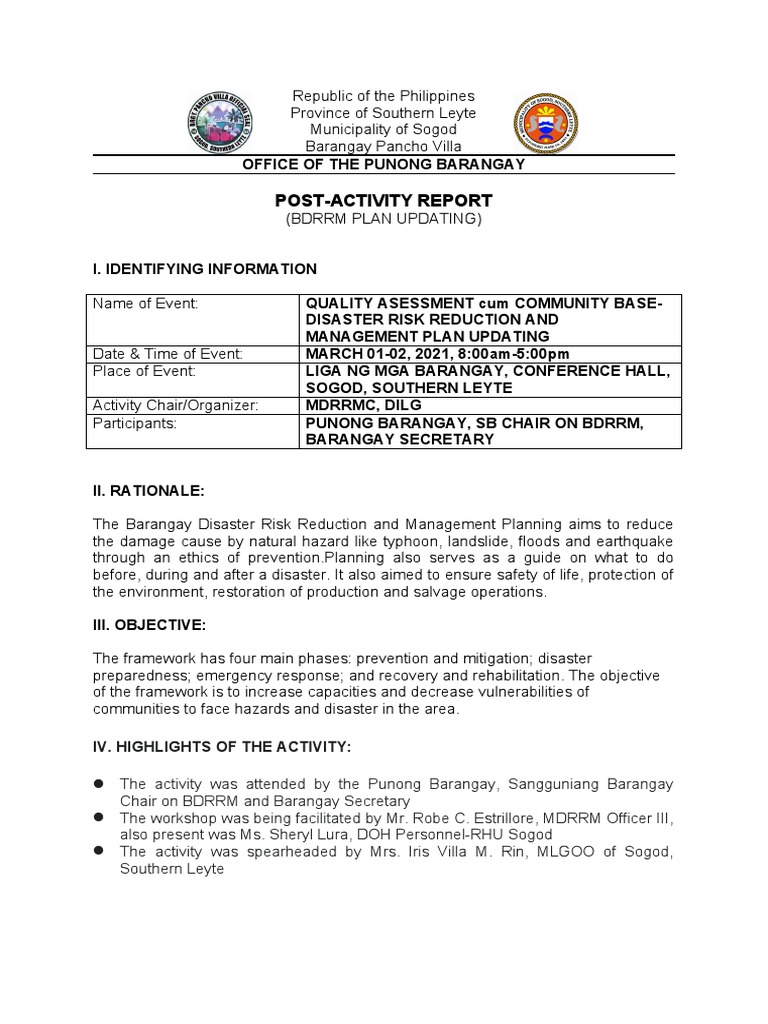 Post Activity Report-DRRM Planning | PDF | Emergency Management ...