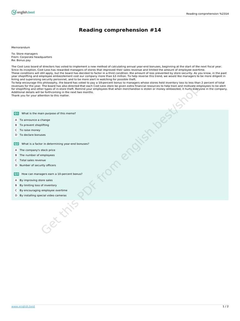 Reading Comprehension #14 | PDF | Business Economics | Business