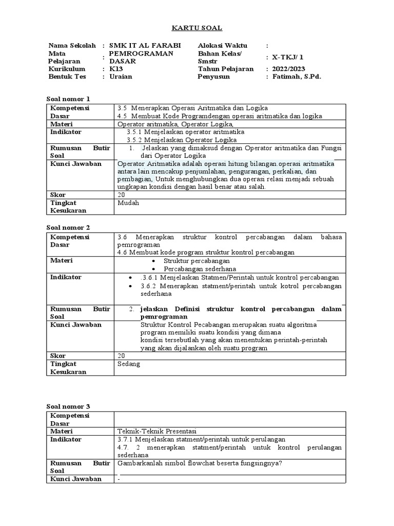 Kartu Soal Dan Kisi2 Uas Ganjil Semester 1 Pemrograman Dasar KLS X 2022-2023 | PDF