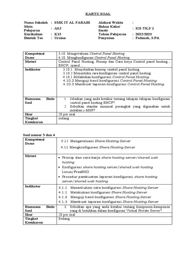 Soal Uraian Hosting dan Jaringan TKJ XII | PDF | Komputer | Teknologi & Rekayasa