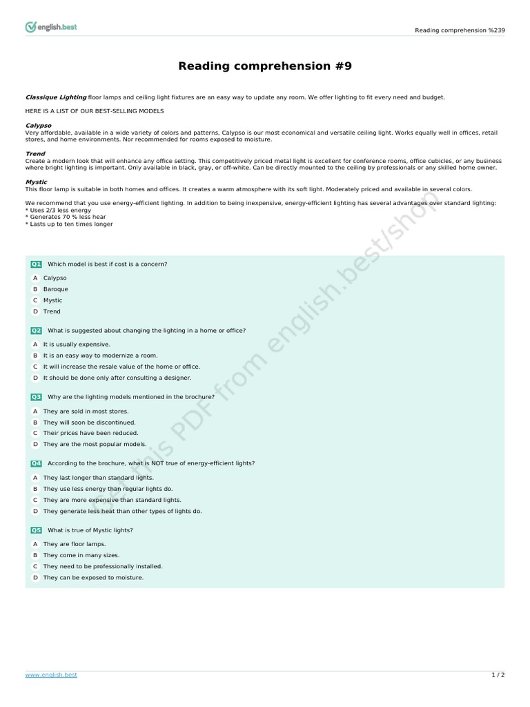 Reading Comprehension #9 | PDF | Lighting | Compact Fluorescent Lamp