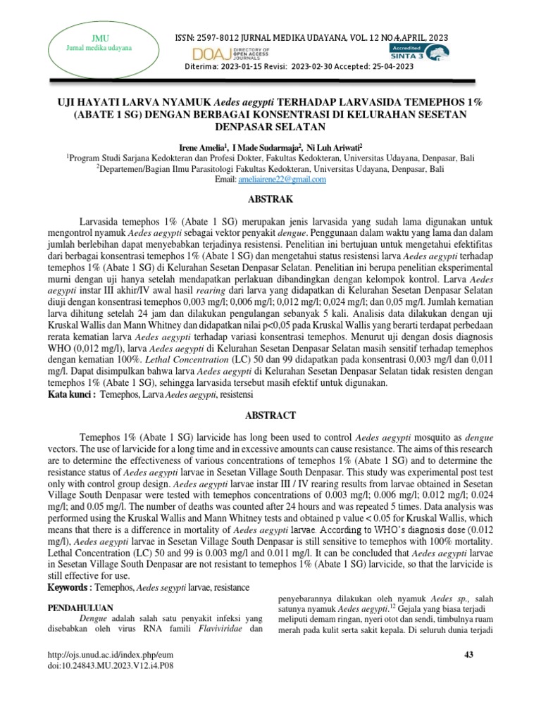UJI HAYATI LARVA NYAMUK Aedes Aegypti TERHADAP LARVASIDA TEMEPHOS 1% | PDF