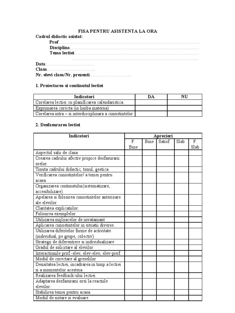 Fisa Pentru Asistenta La Ora | PDF