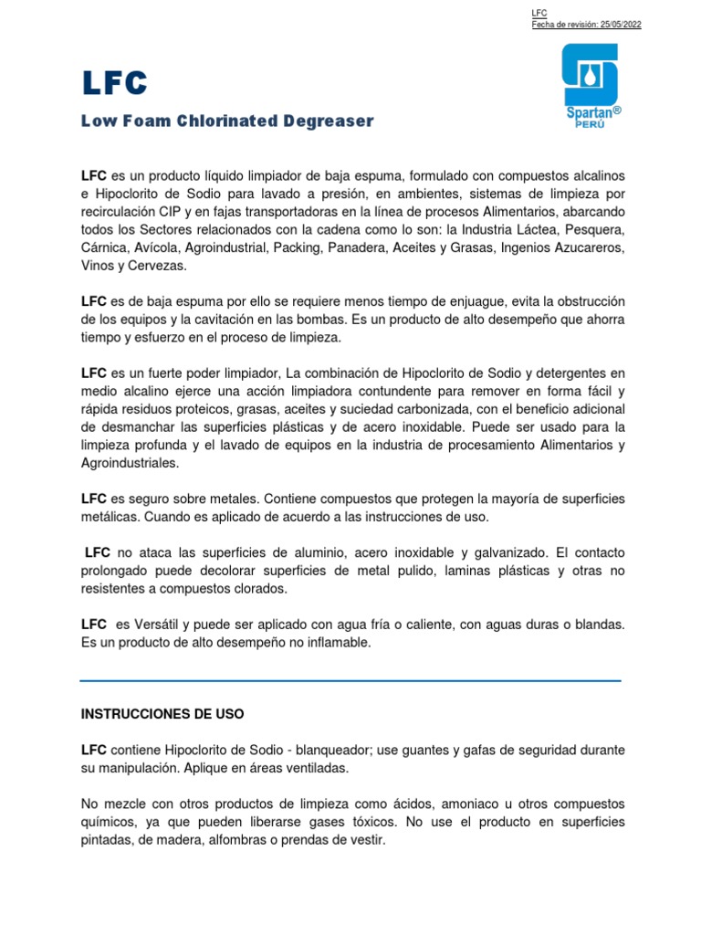 FT - Detergente LFC SPARTAN | PDF | Agua | Detergente