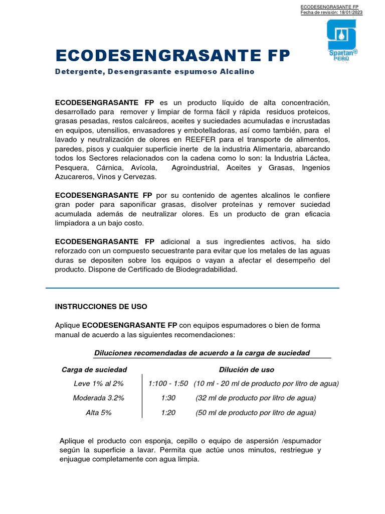 FT - Ecodesengrasante FP SPARTAN | PDF | Agua | Detergente