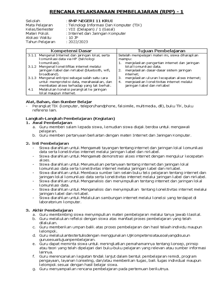 Rencana Pelaksanaan Pembelajaran (RPP) - 1: Kompetensi Dasar Tujuan ...