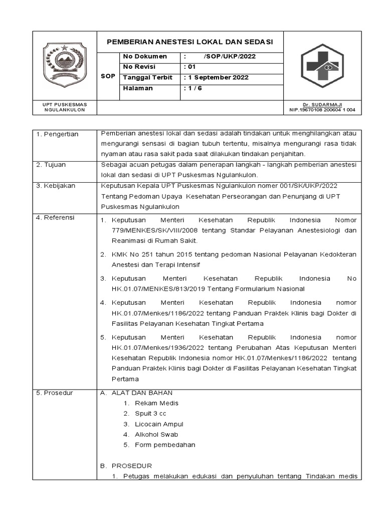 Sop Anastesi Lokal 2022 | PDF